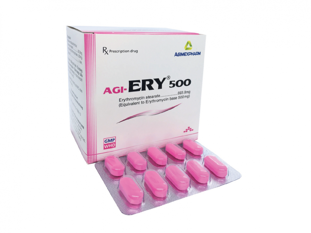 Kháng sinh AGI-ERY 500 chứa 500mg Erythromycin hộp 100 viên